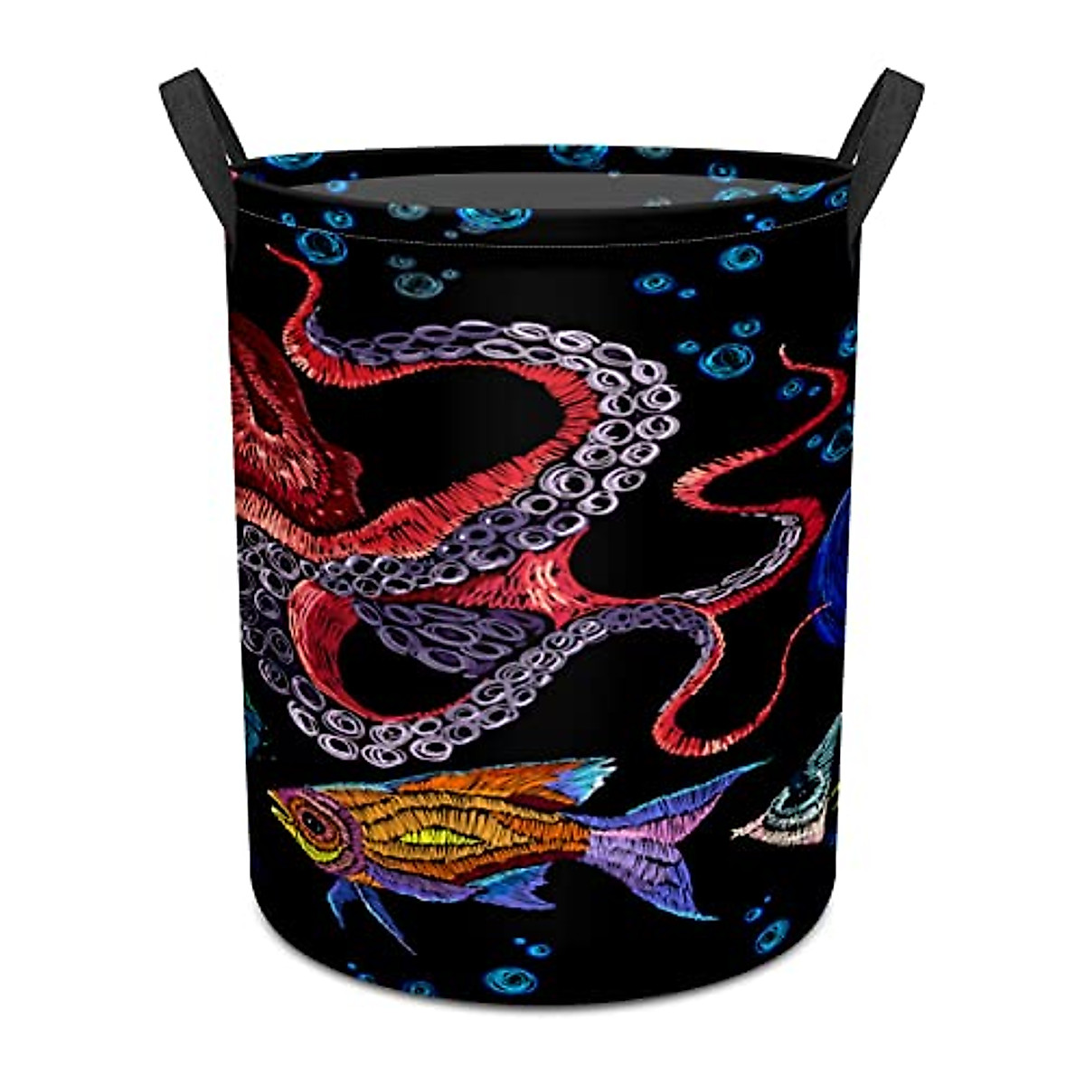 Laundry Basket Hamper with Handles Ocean Octopus Waves Fish Canvas Freestanding Dirty Clothes Hampers Waterproof Lightweight Large Storage Basket for Bedroom Dorm Clothes Towels Toys Organizer