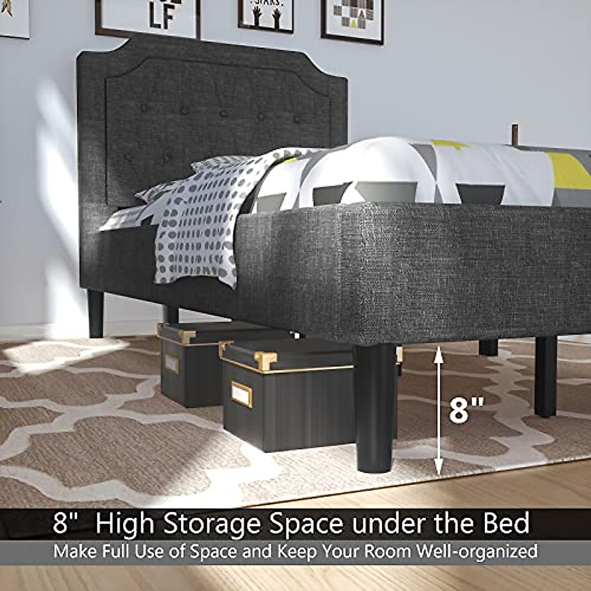 GORELAX Upholstered Twin Bed Frame, Mattress Foundation with Curved Button Tufted Headboard & Wooden Slats, Diamond Stitched Panel Bed Base, Easy Assembly, 16 inch Tall Single Platform Bed Frame Grey