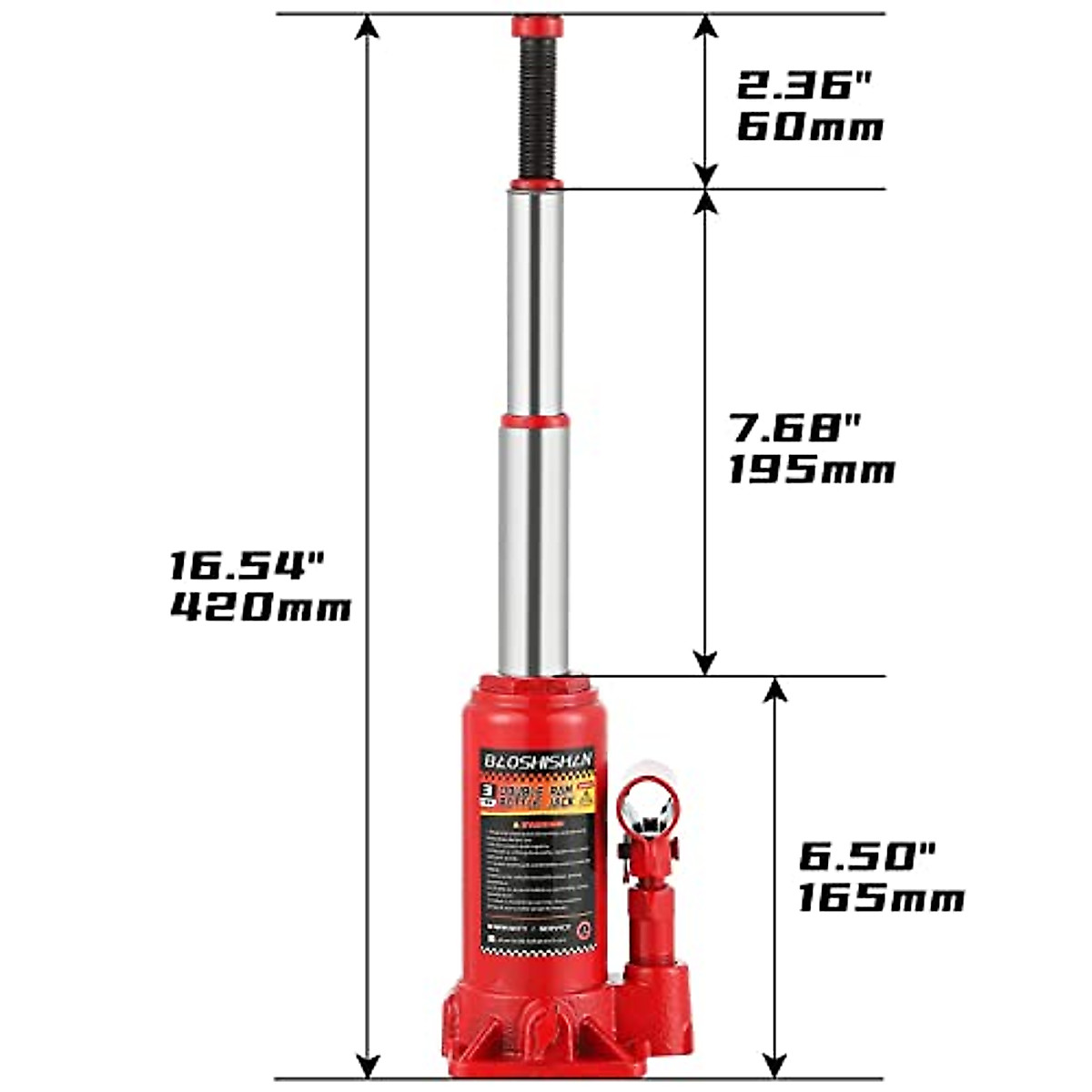 BAOSHISHAN 3 Ton Double Ram Bottle Jack 6-1/2" to 16-1/2" Lifting Range Portable Hydraulic Jack with Carrying Case