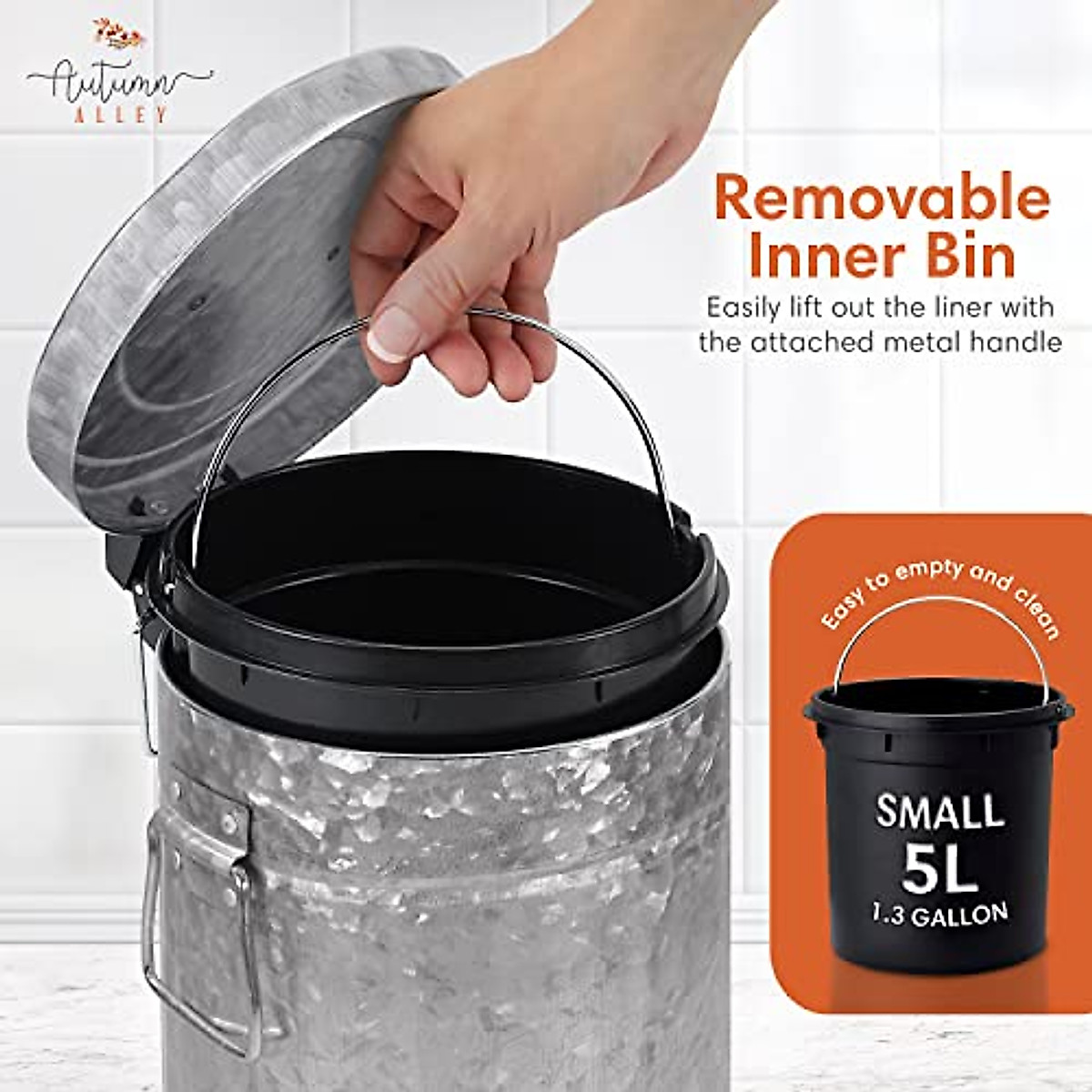 Autumn Alley Farmhouse Bathroom Trash Can - Galvanized Trash Can with Lid and Pedal for Rustic Bathroom, Farmhouse Kitchen Trash Can, Country Home Décor, 5L, 1.3 Gallon, Galvanized Grey