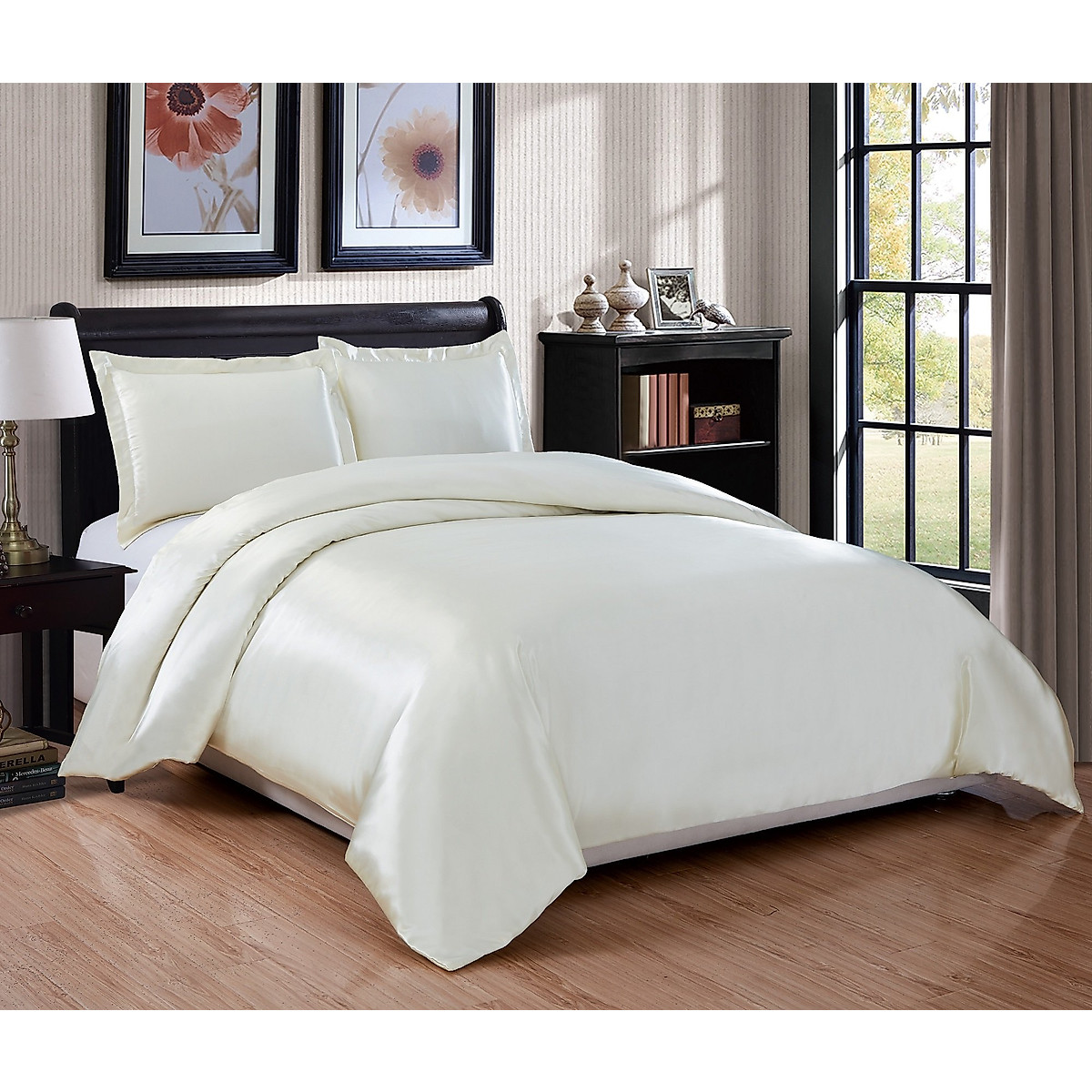 Chezmoi Collection 3-Piece Silky Bridal Satin Duvet Set King, Ivory
