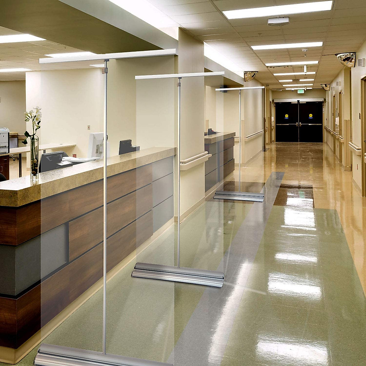 BannerBuzz Floor Standing Sneeze Guard - Full Tarp with Steppy Retractable Stand Isolation Barrier - Clear Film Protective Shield for Cafes, Retail Stores, Cashier, Receptionist (4' x 6.5')