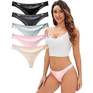 FOXROSE Seamless Thongs for Women Silk Thongs for Women Sexy Satin Thongs for Women Underwear Seamless (5 Pack, Medium)