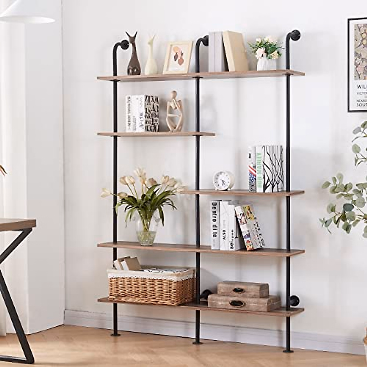 HOMISSUE Industrial Bookshelf 5-Tier Open Wall Mount Ladder Bookshelf, Modern Bookcase with Metal Frame and Wood for Home Office, Wall Mounted Industrial Iron Pipe Shelf, Oak Brown
