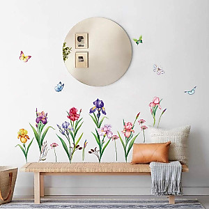 decalmile Garden Flower Wall Decals Narcissus Iris Floral Butterfly Wall Art Stickers Bedroom Living Room TV Wall Home Decor