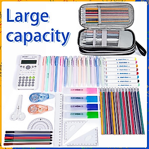 BOMENNE Pencil Case with 3 Compartments, Canvas Zipper Pencil Pouch, Large Pencil bag, Big Pen Case Pouch Organizer for Adults, Pencil Pouches for Middle High School Teen Boys Girls - Black