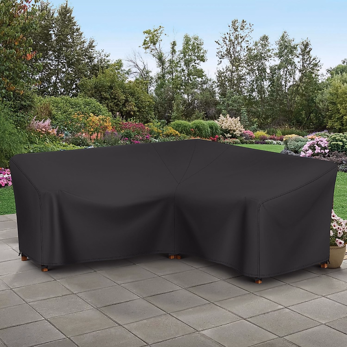 SunPatio Outdoor Sectional Sofa Cover, Patio Furniture Covers 420D Waterproof Couch Cover V-Shaped Cover for Sofa UV Resistant Windproof,All Weather Protection 100" W (on Each Side) Black