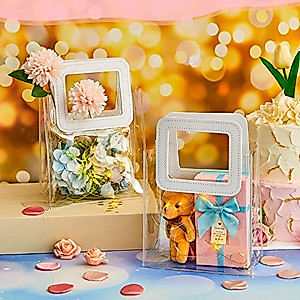 48 Pcs Clear Gift Bags and LED Light Set for Favors, PVC Gift Bag, Reusable Transparent Gift Wrap Bag with Handle, Heavy Duty Tote Bags for Baby Shower Wedding Birthday, 7 x 4 x 8 Inches