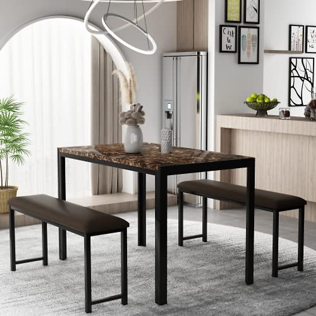Hooseng 3 Pieces Dining Room Table Set, Modern Faux Marble Kitchen Table Set with 2 PU Leather Upholstered Benches, Ideal for Home, Apartment, Breakfast Nook, Small Space, Brown