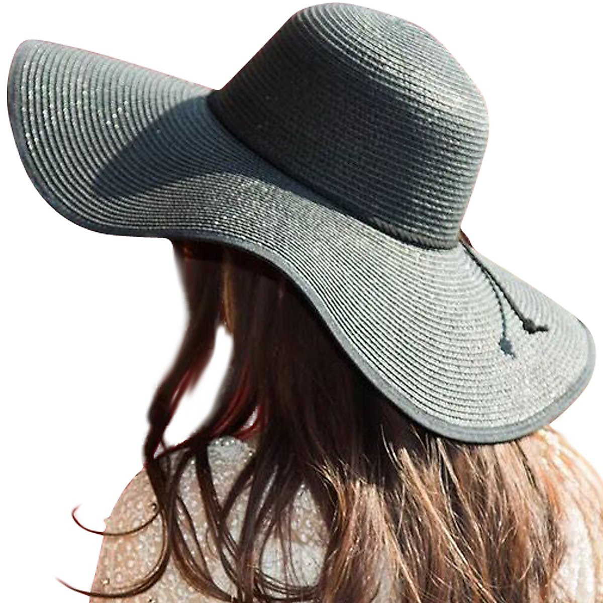 JOYEBUY Women Lady Big Bowknot Straw Hat Floppy Foldable Roll up UV Protection Beach Cap Sun Hat (Style B-Black)