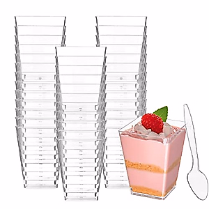 50 Pack 5 oz Square Dessert Cups with Spoons - Mini Parfait Cups, Appetizer Cups, Clear Plastic Party Dessert Cups for Serving Fruit Trifle Mousse and Pudding