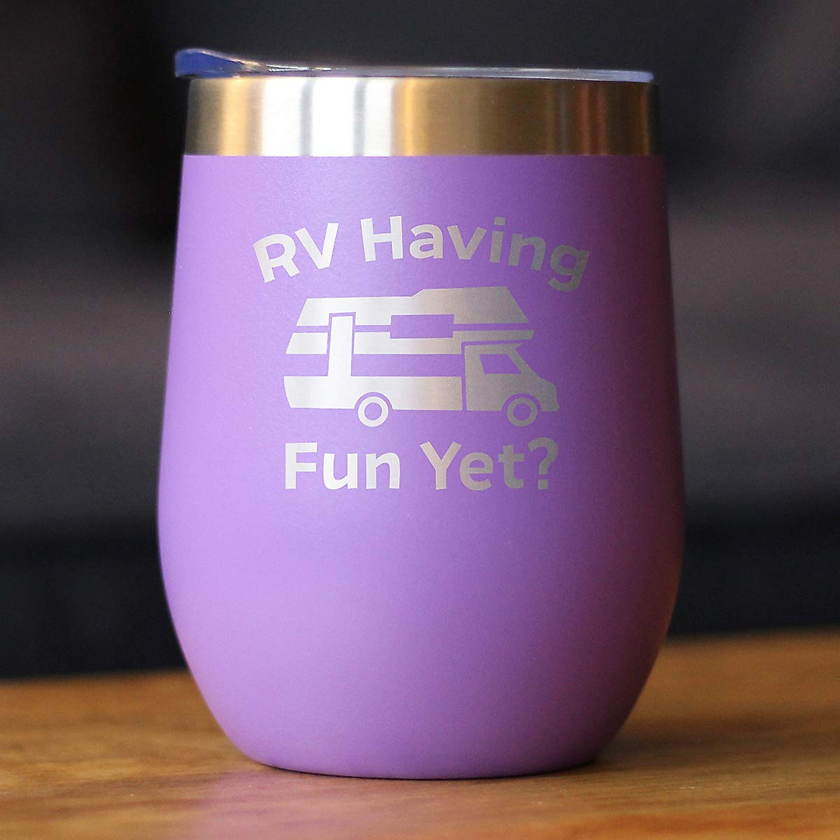 Bevvee RV Having Fun Yet Wine Tumbler with Sliding Lid - Stemless Stainless Steel Insulated Cup - Cute Outdoor Camping Mug - Purple