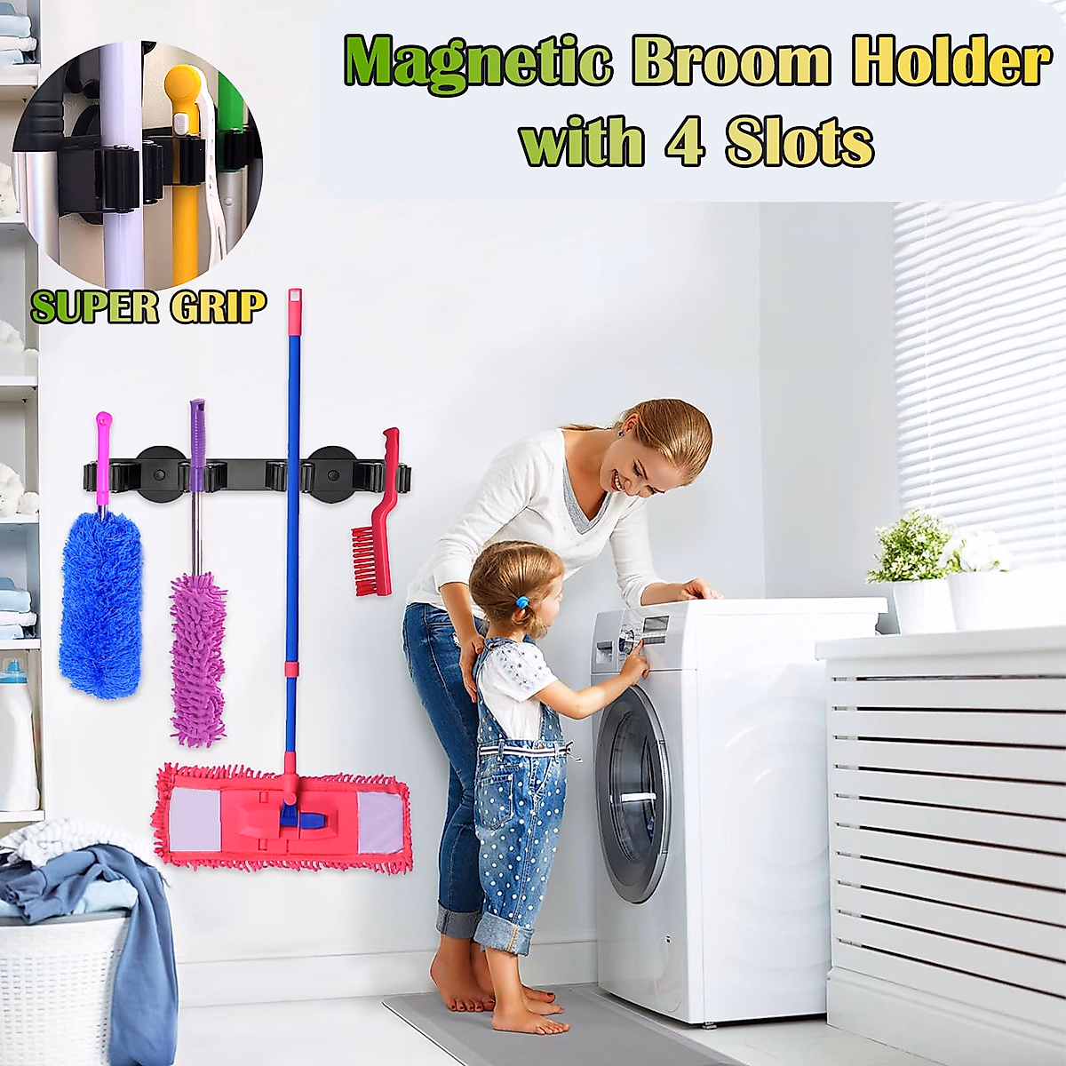 Strong Magnetic Mop Broom Holder, Heavy Duty Magnetic Broom Mop Hanger, Magnetic Wall Mount Broom Holder for Cleaning Tools, Anti-slip Storage Rack for Home Kitchen Workshop Laundry Garage