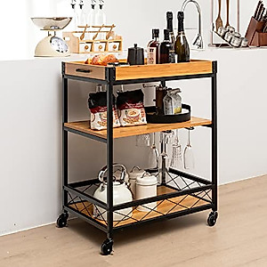 IFANNY Bar Cart, 3 Tier Rolling Cart with Removable Tray and Glass Holder, Wood Coffee Cart on Wheels, Small Kitchen Storage Islands & Carts, Serving Cart for Dining Room, Restaurant, Hotel