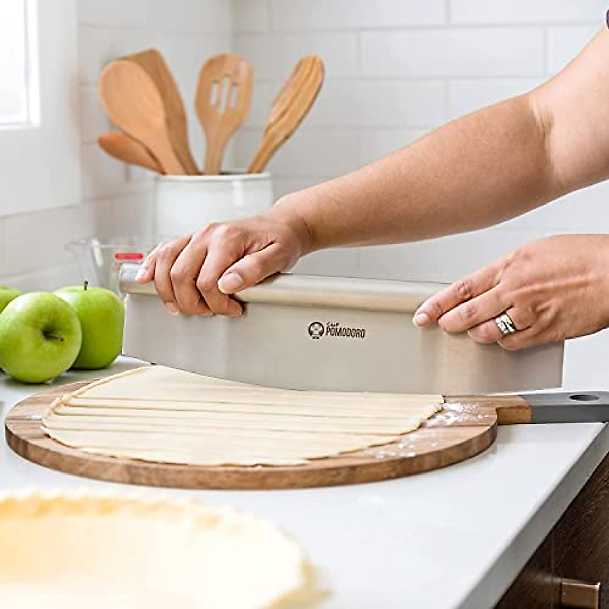 Chef Pomodoro Pizza Cutter Rocker Knife with Protective Cover, Multipurpose 14 Inch Mezzaluna Chopper with Super Sharp Stainless Steel Blade, Blade Cover, Premium Pizza Accessories Dishwasher Safe