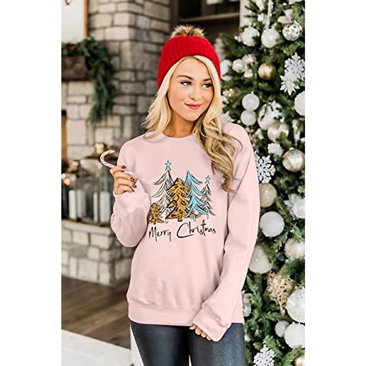 KIDDAD Christmas Sweatshirts for Women Merry Christmas Sweatshirt Funny Christmas Trees Graphic Holiday Party Pullover Tops Pink