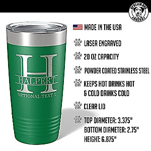 Personalized 20oz (17 Colors) Powder Coated Insulated Stainless Steel Tumbler with Lid, Custom Etched, Customized Engraved Gift Idea for Women Men Her Him, Halpert Monogram Initial Name (Green)