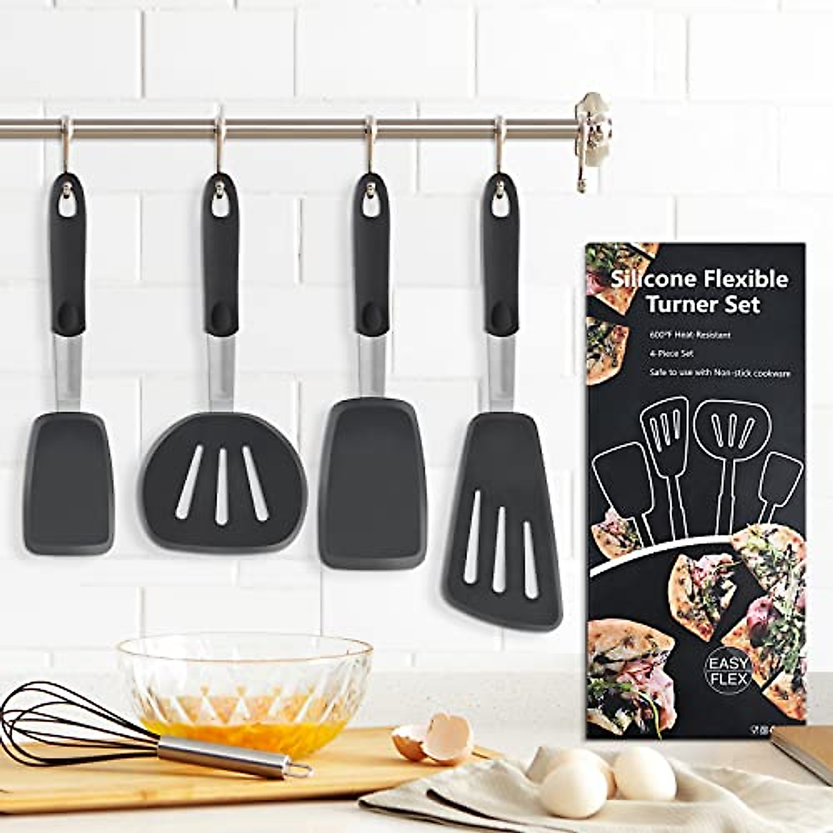 Elyum Silicone Spatula 4 Pack Spatula Set Heat Resistant Kitchen Utensils Set Flexible Silicone Turner Rubber Spatula for Nonstick Cookware for Flipping Eggs, Steak, Fish and More, Black