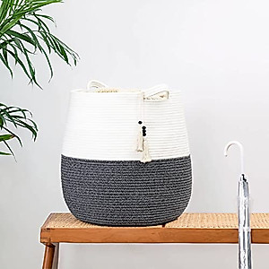 Goodpick Cute Round Storage Basket, Baby Nursery Hamper for Blankets, Clothes, Toys, Woven Rope Basket for Living Room, Decor, Toy Bin, Grey, 17.71 x 14.9 inches