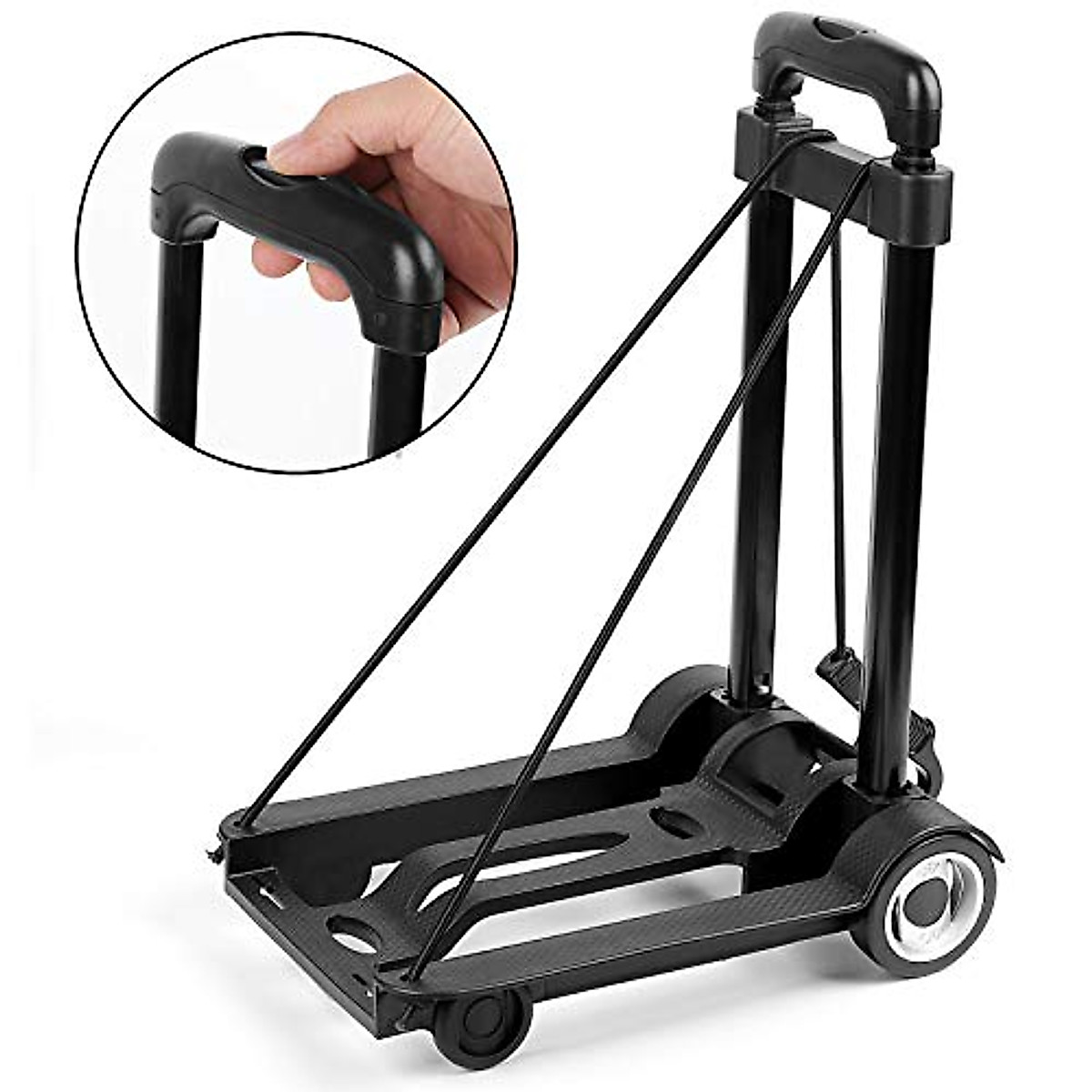 ZOENHOU 25KG 55Lbs Black Folding Hand Truck, Solid Construction Utility Cart, 2 Wheels Luggage Cart with 1 Roll Bungee Cord and 1 Pack Storage Pouch Compact, for Backpack, Travel, Office