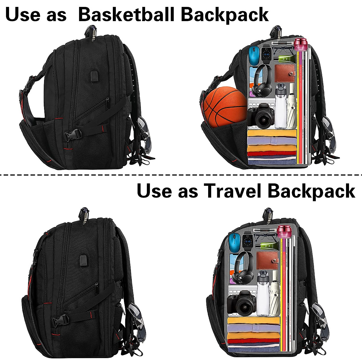 Jiefeike Travel Laptop Backpack, Extra Large Bookbag for Men School College Student Women,Basketball Backpack Fits 17 Inch Computer Notebook with USB Charging Port RFID Anti Theft TSA Approved