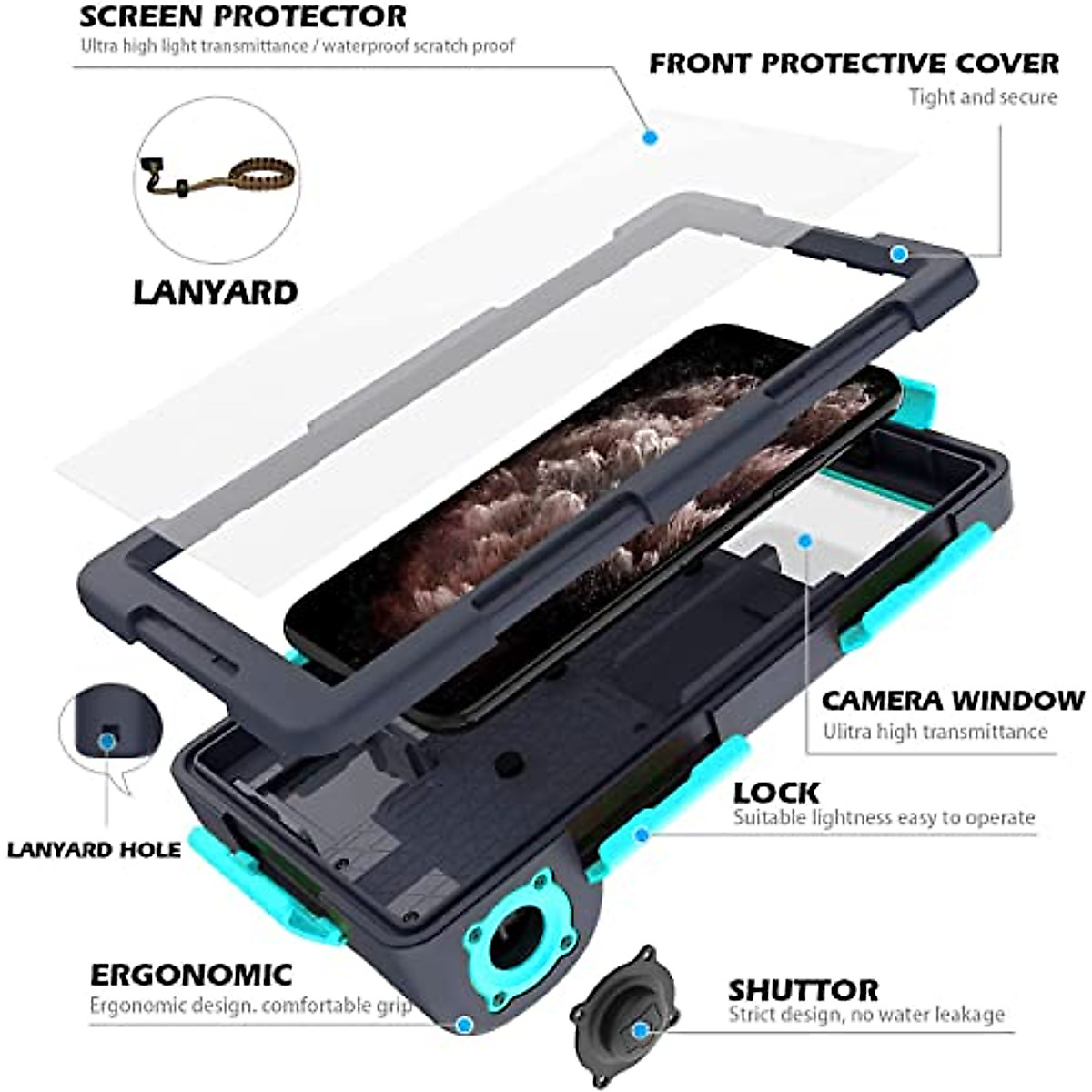 Nisso Professional Snorkeling Underwater Phone case Swimming Diving Case Photo Video Waterproof Protective Housing for Galaxy and iPhone Series Smartphones with Lanyard (Black-Blue)