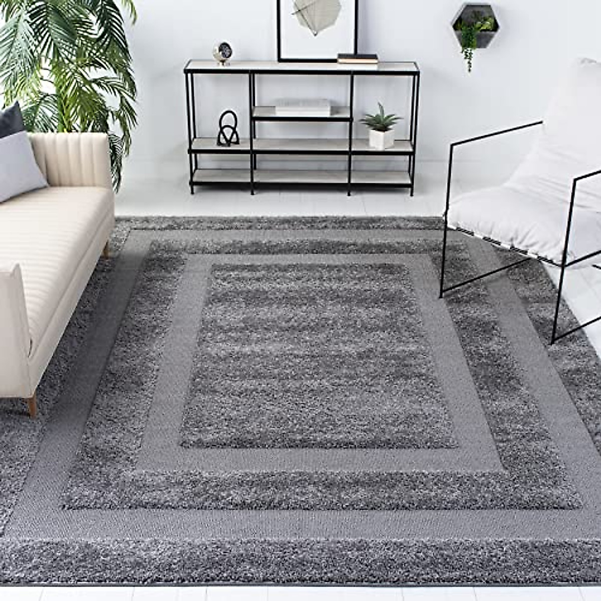 SAFAVIEH Florida Shag Collection Area Rug - 8' x 10', Creme & Creme, Border Design, Non-Shedding & Easy Care, 1.2-inch Thick Ideal for High Traffic Areas in Living Room, Bedroom (SG454-1111)