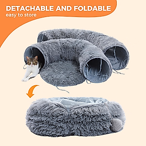 PAWZ Road Large Cat Tunnel, Cat Tunnel Bed with Central Soft Mat and Dangling Balls, Collapsible Fluffy Plush Cat Tube (9.8 Inches in Diameter) for Indoor Cats, Rabbits and Puppies