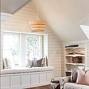 Yifi Deco Modern Pendant Ligh,13.4" Drum Hanging Lamp Fixture with 3-Tier Linen Fabrics Lampshade, Elegant Pendant Lighting for Dining Room, Bedroom, Kitchen Island, Entryway, Hallway