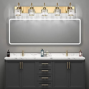 Ralbay Crystal Bathroom Vanity Lights 5-Lights Brass Gold Crystal Bathroom Vanity Lights Over Mirror Modern Crystal Gold Bathroom Wall Lighting Fixtures