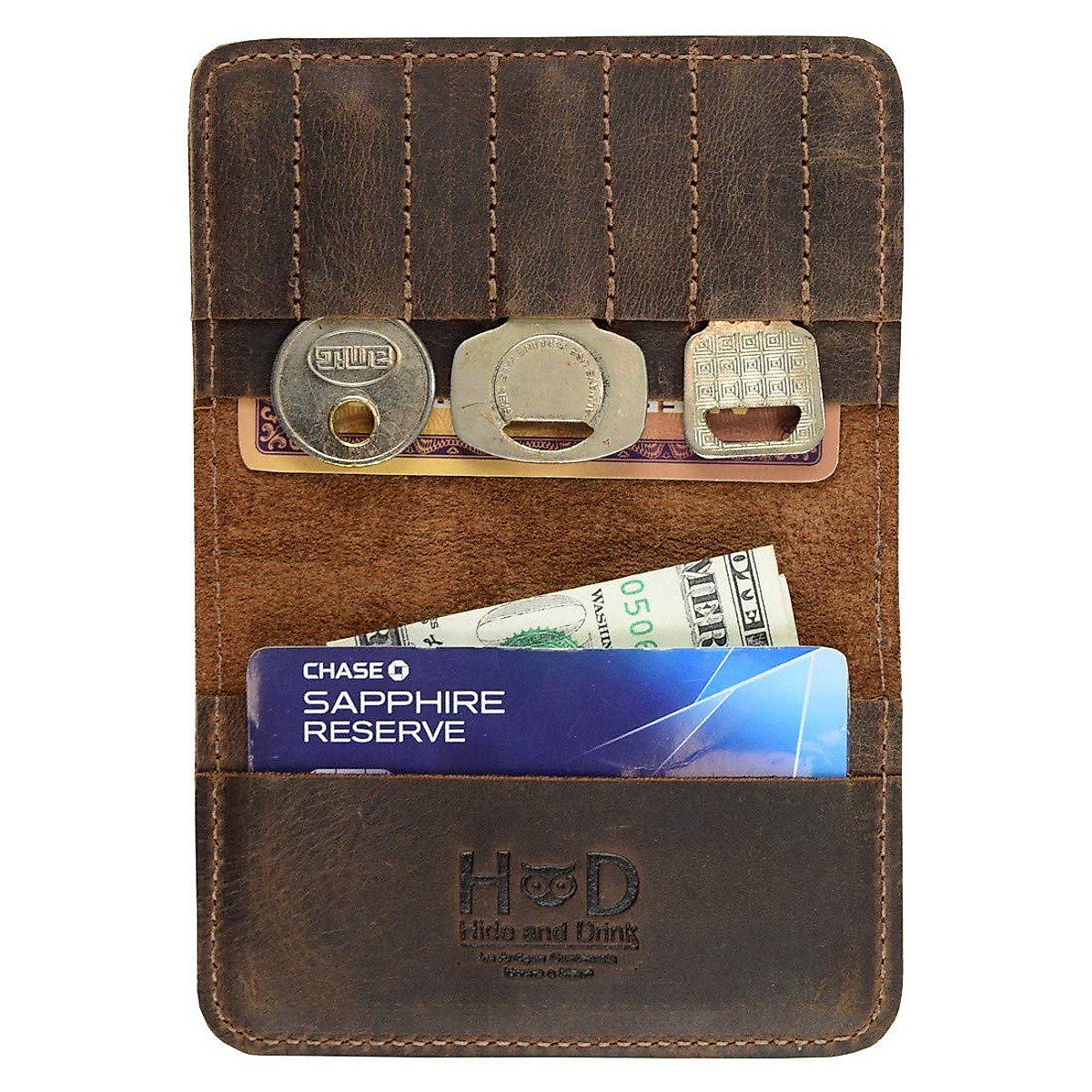 Hide & Drink, Leather Card & Key Holder, Cash Organizer, Front Pocket Wallet, Everyday Accessories, Handmade Includes 101 Year Warranty :: Bourbon Brown