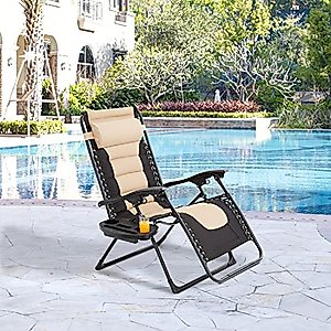 Naomi Home Oversized Zero Gravity Folding Lounge Chair, Padded Reclining Patio Chair with Adjustable Headrest and Cupholders, Recliner Beach Chairs for Adults Support 300lbs - Cream