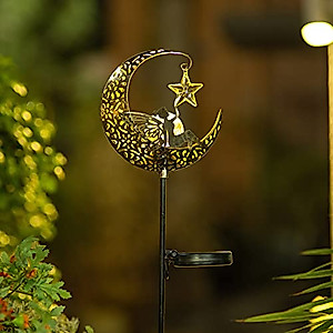 twinkya Solar Garden Lights Outdoor Decorations Waterproof Decorative Solar Powered Stakes Metal Moon Fairy Stars Crackle Glass Globe Lights for Patio Pathway Walkway Yard Lawn Backyard Decor (Gold)