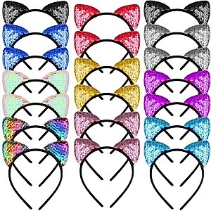 WXJ13 20 Pieces Cat Ears Headbands Reversible sequin headband Cute Cat Headbands