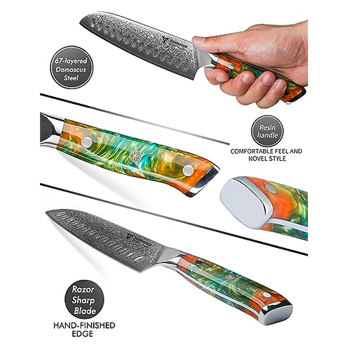 SANMUZUO Santoku Knife - 7 inch - Xuan Series - VG10 Damascus Steel Kitchen Knife - Resin Handle (Fantasy Orange)