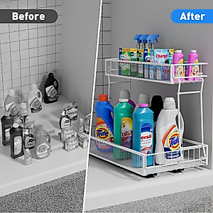 Lxmons 2-Tier Under Sink Slide Out Organizer, Pull Out Cabinet Storage Shelf with Sliding Storage Wire Basket Drawer for Bathroom Kitchen, Countertop or Pantry Storage Shelf, White