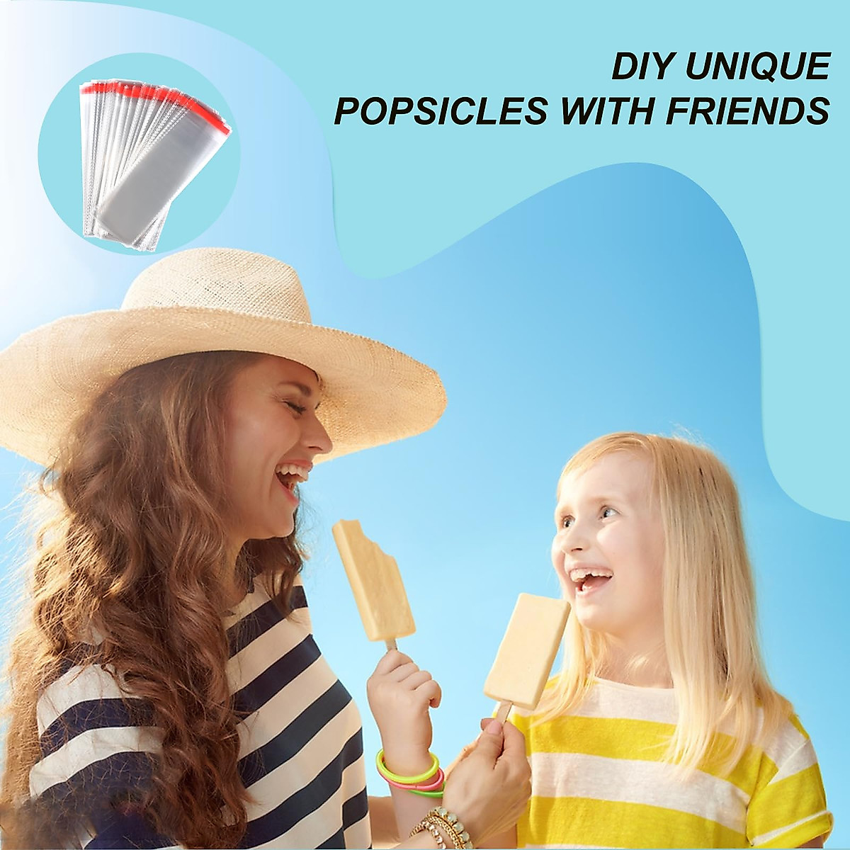 MSLOVE 400Pcs Popsicle Bags Sealable, Ice Cream Bags For Ice Pop, Self-adhesive Plastic Wrappers, 8.27in x 3.15in