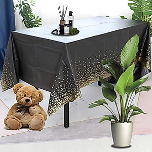 ZJDHPTY 3Pack Plastic Table Cloth Disposable for Rectangle Tables, Table Cover Black and Gold Party Decorations for Birthday Graduation Retirement New Year Size 54x108 Inch (Black+Gold Dot)