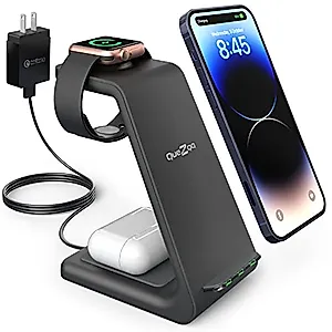Quezqa Wireless Charging Stand - Fast Wireless Charger - 3 in 1 Charging Station for Apple AirPods Pro 3 2 Apple Watch Ultra 8 7 SE 6 5 4 iPhone 14 Pro Max 14 Plus 13 12 11 Pro Max with QC3.0 Adapter