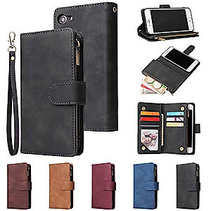 UEEBAI Wallet Case for iPhone SE 2022 5G/iPhone 7/iPhone 8/iPhone SE 2020, Premium PU Leather Magnetic Handbag Zipper Pocket Card Slots with Wrist Strap Flip Case for iPhone SE3/SE2 - Black