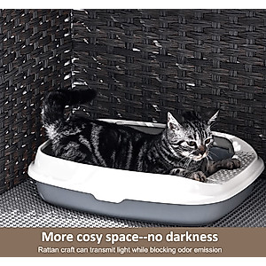 Cat Litter Box Enclosure with Soft Litter Mat; Hidden Washroom Furniture with Door; Handwoven Rattan Cat House with Large Space; Pet Crate for Living Room, Bedroom, Balcony (Grey)