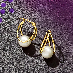 Ross-Simons 8-9mm Cultured Pearl Double-Hoop Earrings in 14kt Yellow Gold. 3/4