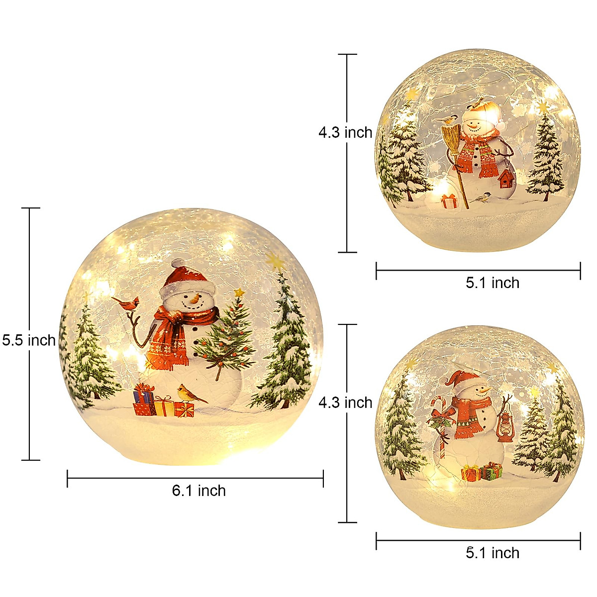 YEAHOME Christmas Decorations Indoor, Set of 3 Crackle Glass Ball with LED Lights Christmas Snowman Home Decor, Christmas Table Decorations Lighted Globes with Timer for Mantel Fireplace Tabletop