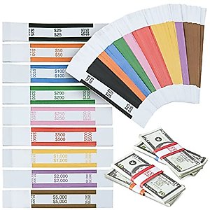 300-Pack of Money Bands for Cash, Assorted Self-Adhesive Currency Straps for Bill Wrappers, Organizing, Sorting Cash, 9 ABA Standard Colors (7.75 x 1.25 Inches)