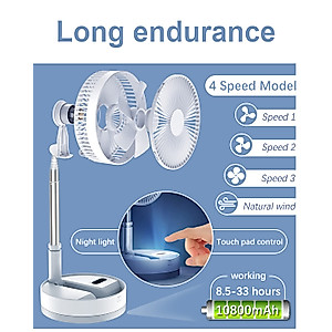 UN UNITEDTIME Foldable Fan Foldaway Oscillating with Remote Control, 10800mAh Rechargeable Battery Operated Portable for Camping, 4 Speed, Timer, Height Adjustment for Travel, Outdoor (White)