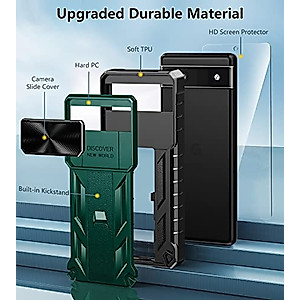 FNTCASE for Google Pixel-6a Phone Case: Military Grade Drop Proof Protective Rugged Cell Phone Cover with Kickstand & Slide | Shockproof TPU Matte Textured Heavy Duty Protection Tough Cases - Green