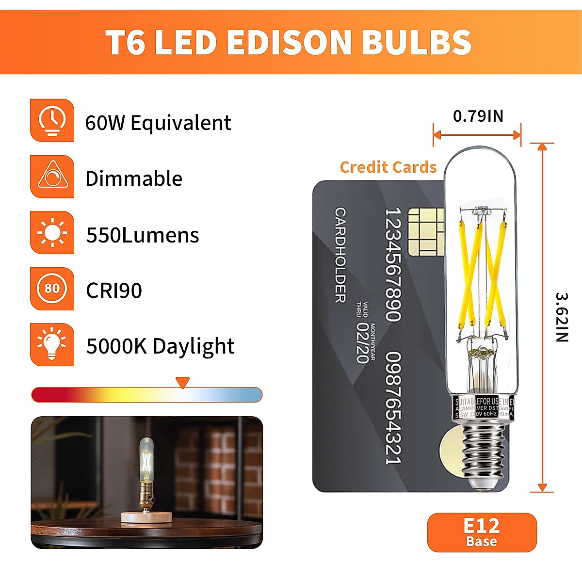 ALAMPEVER 5.5W (60W Equivalent) Dimmable T6 LED Edison Bulbs, E12 Candelabra Base, 5000K Daylight, CRI90, 550LM, Clear Vintage Tubular Bulb, 6-Pack