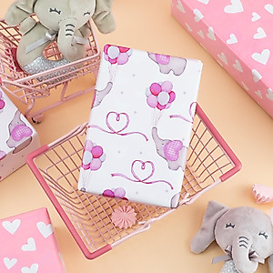 Flyhill Pink Adorable Elephant Baby Shower Wrapping Paper-Reversible Girly Baby Balloon & Love Heart Newborn Themed for Baby Shower,Birthday,Holiday-46.8sqft(17 In * 32.8 Ft)