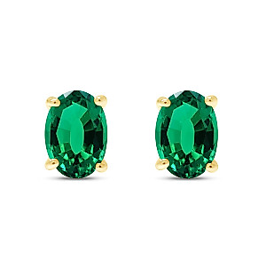 AFFY 8X6MM Oval Shape Birthstone Simulated Emerald Solitaire Stud Earrings With Friction Back for Women In 14K Yellow Gold Over Sterling Silver (VVS1- VVS2 Clarity)