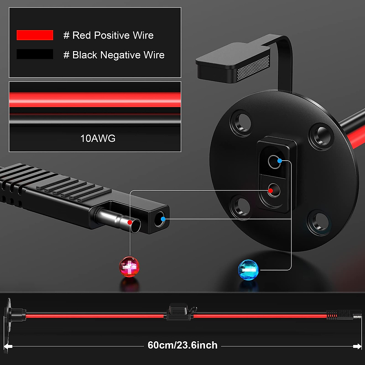 EXTRACTME 2-Pack SAE Connector Harness with 15A Fuse, 2FT 12AWG SAE Power Socket Sidewall Port Connector, SAE Solar Panel Flush Mount Quick Connector Plug Cable for Solar Generator Battery Charger
